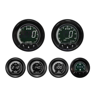 EVO Digital 6 Gauge Set GPS Speedometer White & Green LCD MPH °F PSI ...