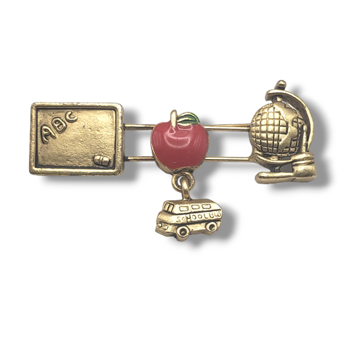 Teacher School Bus Globe Sliding Red Apple Chalkboard Gold Tone Brooch ...