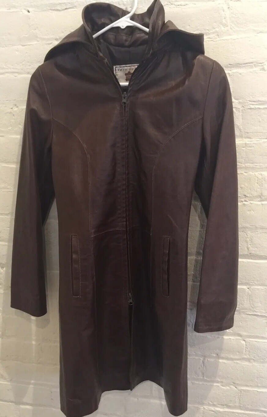 Vera Pelle Brown Italian Leather Jacket Long Coat Wit… - Gem
