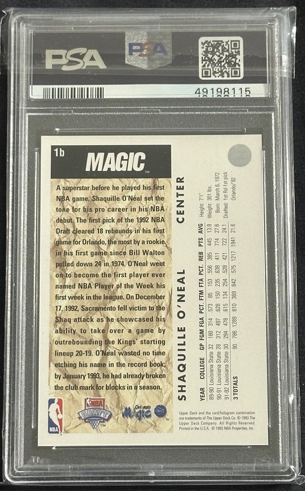 1992 Upper Deck Shaq Shaquille Trade Card #1b RC PSA 9 1992-93 | eBay
