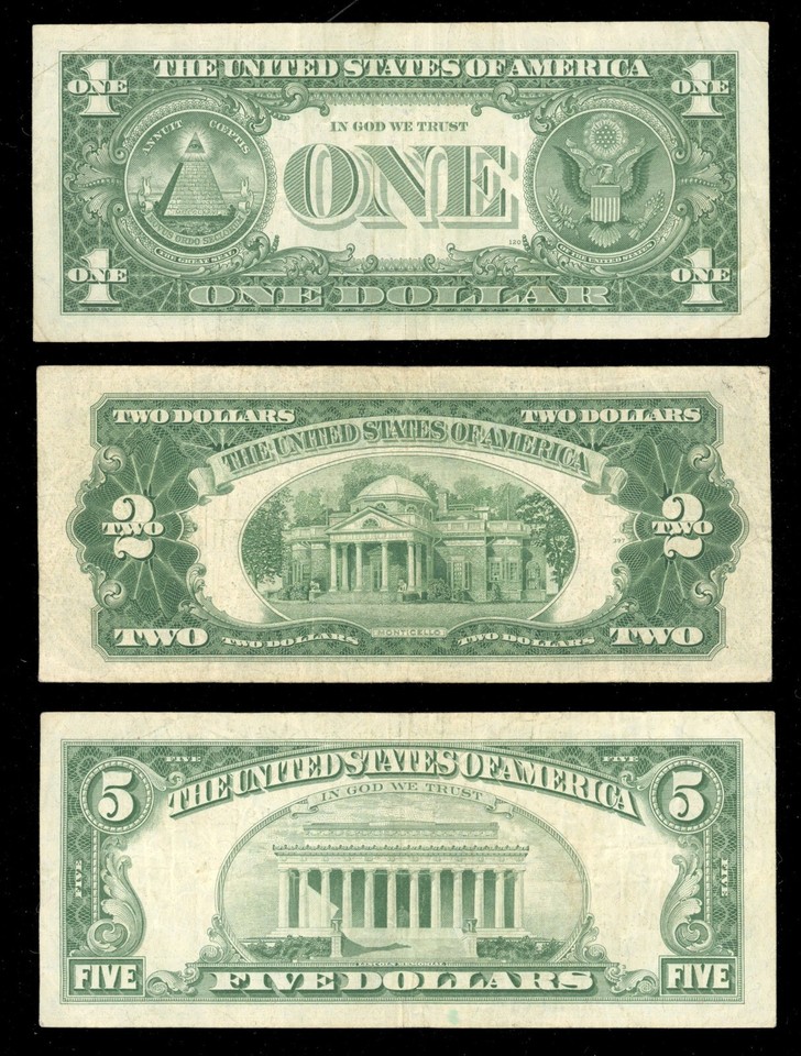 Set of 3 Paper Money Silver Certificate, & Red Seal $1 1957 $2 1953 $5 ...