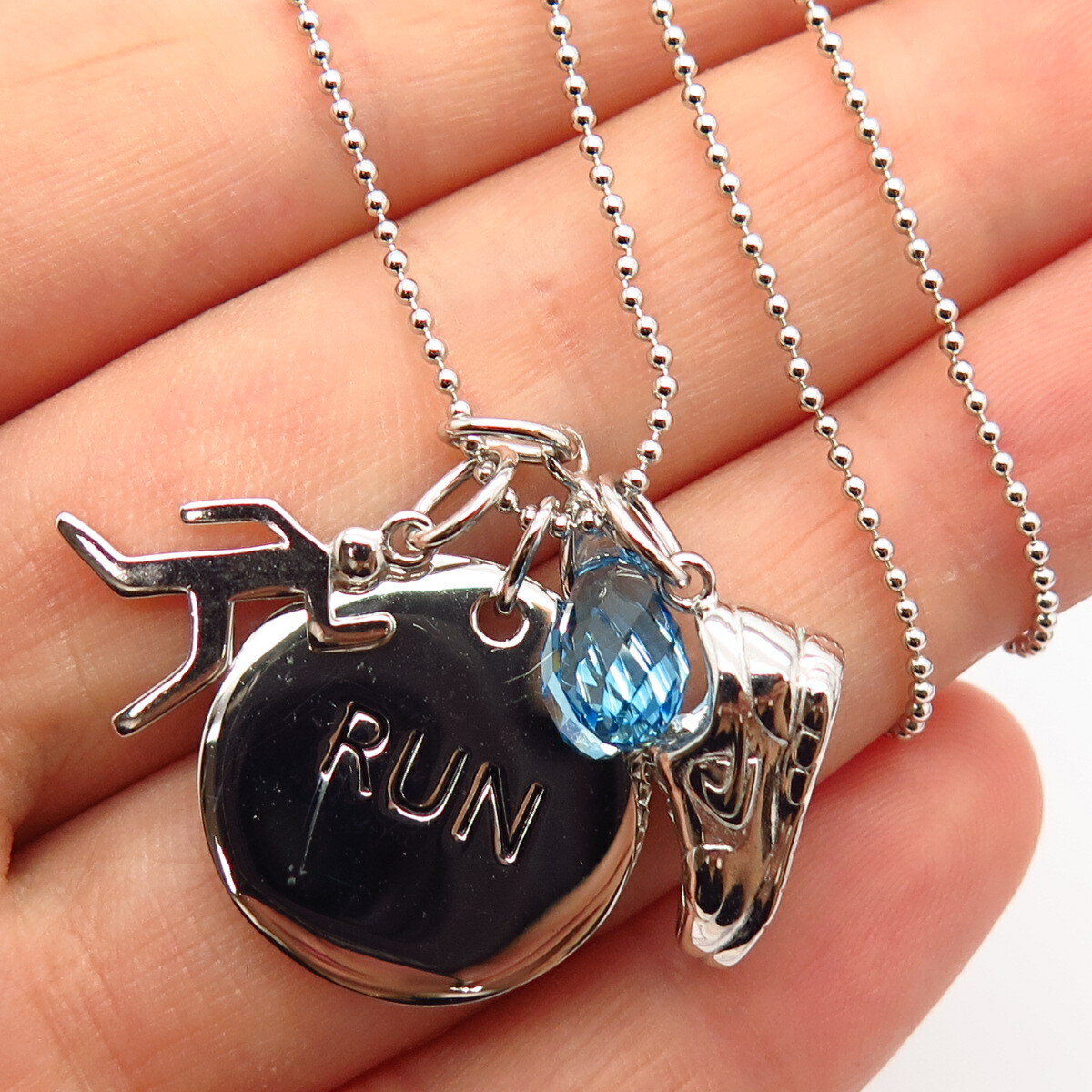 925 Sterling Silver Crystal "Run" Sport Theme Pendant… - Gem