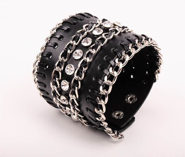 SG466 Black Punk Rock Metal Chain & Rhinestone Leather Wrap Bracelet ...
