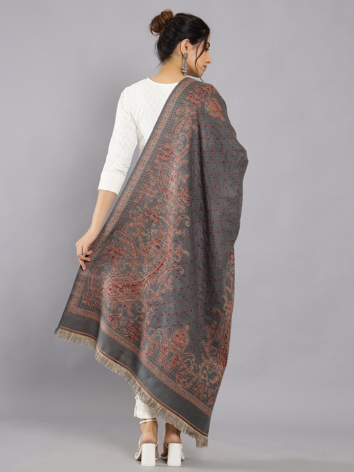 Gray Paisley Winter Cashmere Wool Shawl Wrap Women Large Pashmina Throw ...