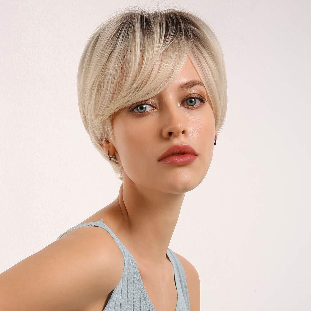 Short Pixie Cut Wig Platinum Blonde Synthetic Wig Ombre Blonde Short Layered Wig | eBay