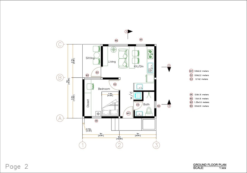 20x20 Feet One Bedroom Small House Plan 6x6 Meter 2 Bath Shed PDF (A4 ...