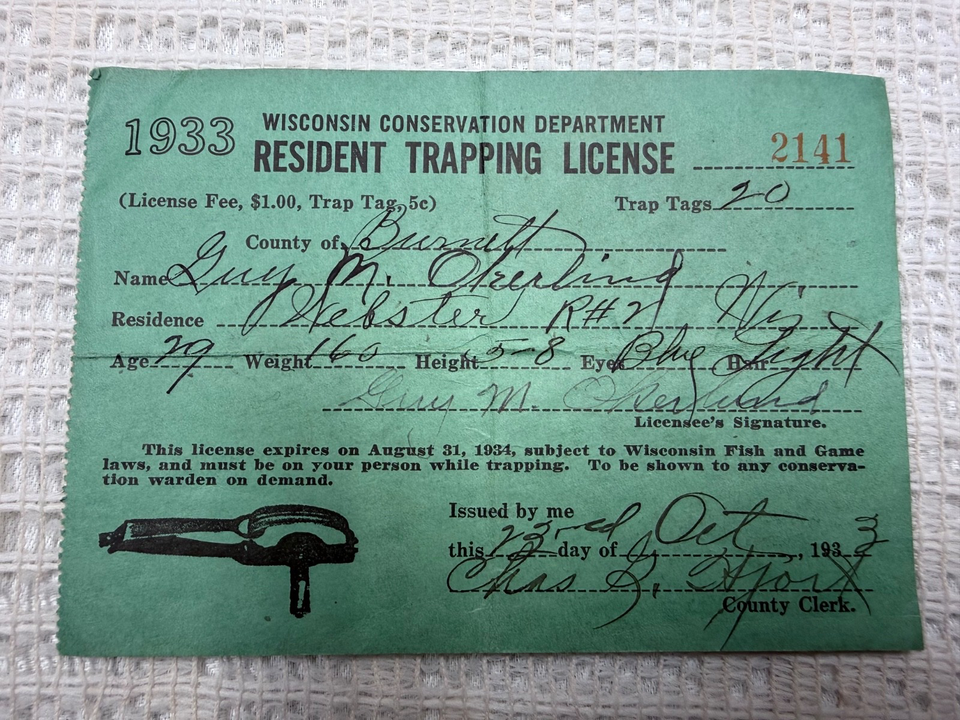 VTG 1933-34 Wisconsin Conservation Department Trapping License Burnett ...