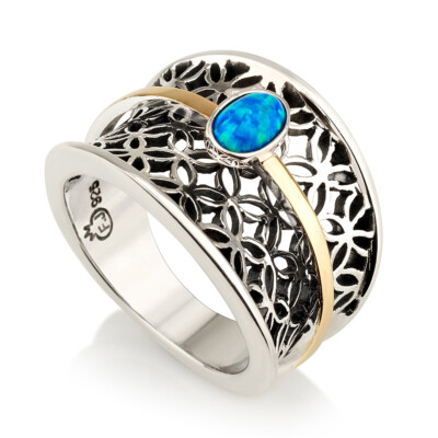 925 Sterling Silver 9k Gold Spinning Ring Blue Round Opal Handmade ...