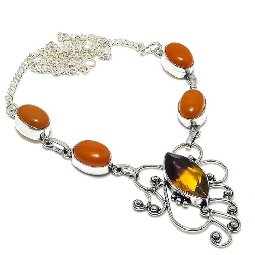 Bi-Color Tourmaline, Carnelian Gemstone 925 Sterling Silver Necklace 18 ...