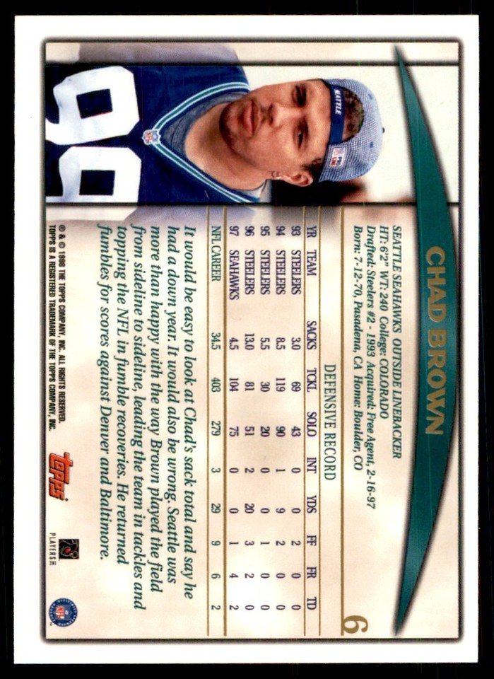 1998 TOPPS CHAD BROWN SEATTLE SEAHAWKS #6 | eBay