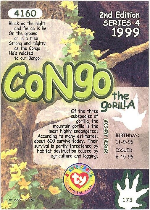 TY Beanie Babies BBOC Card - Series 4 Common - CONGO the Gorilla - NM ...