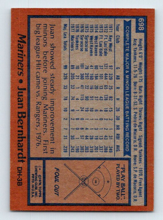JUAN BERNHARDT Seattle Mariners 1978 Topps Baseball Card B185 | eBay