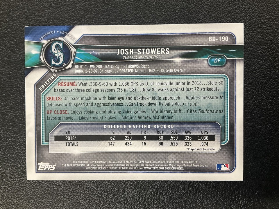 2018 Bowman Draft #BD-190 Josh Stowers Seattle Mariners Sky Blue /499 ...