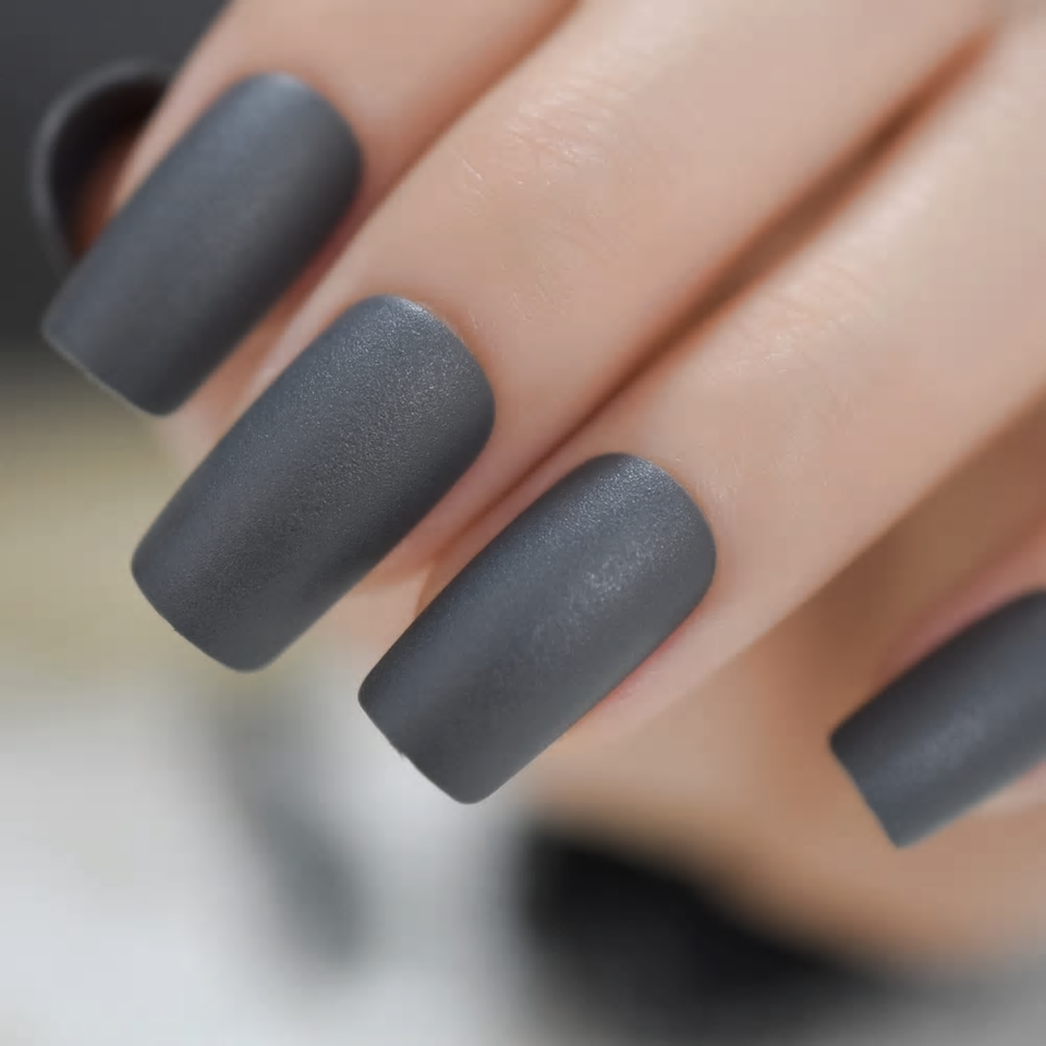 MATTE *GRAPHITE GREY* Full Cover Square 24 Nail Tips Press On Glue Set ...