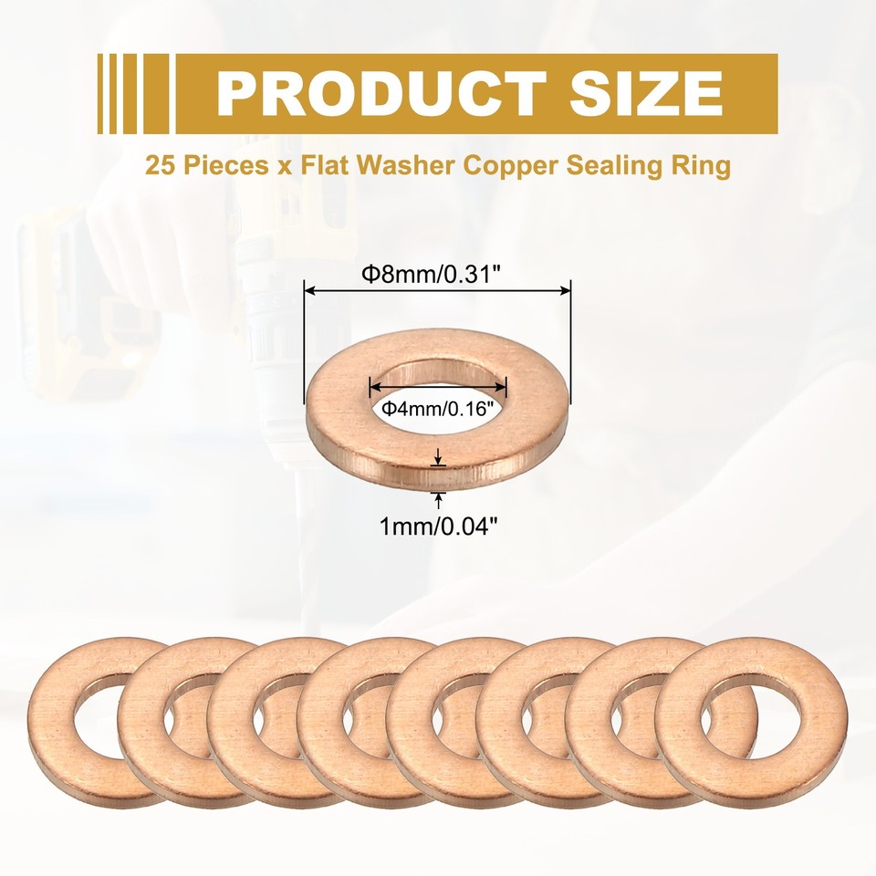 25Pcs M4 Copper Crush Washer Sealing Ring Gasket 4mm ID 8mm OD 1mm ...