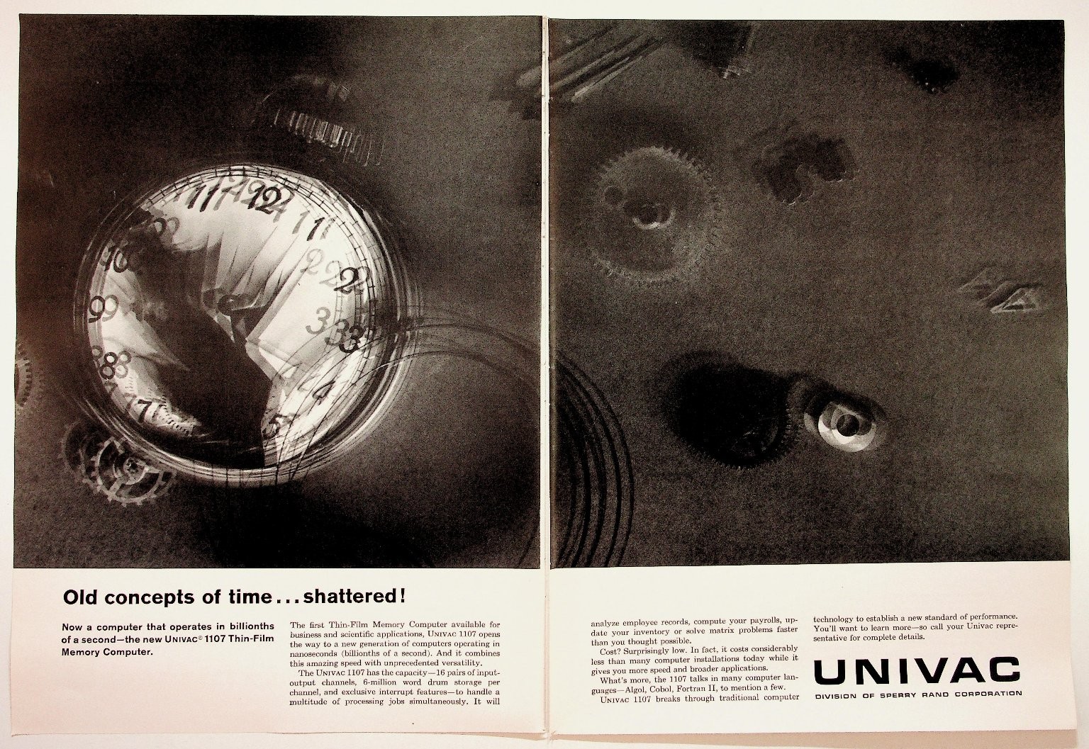 UNIVAC 1107 Thin-Film Memory Computer Vintage 1960s Print Ad Sperry ...