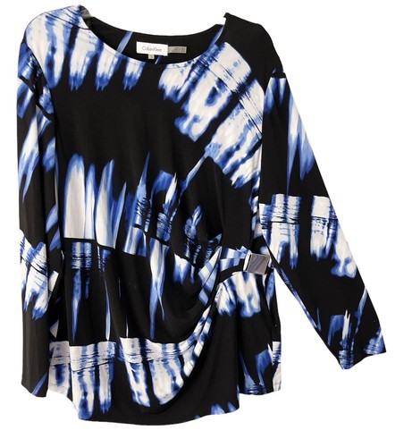 Calvin Klein Top Womens 1X Blue Black Stretch Knit Faux Wrap Tunic Long ...