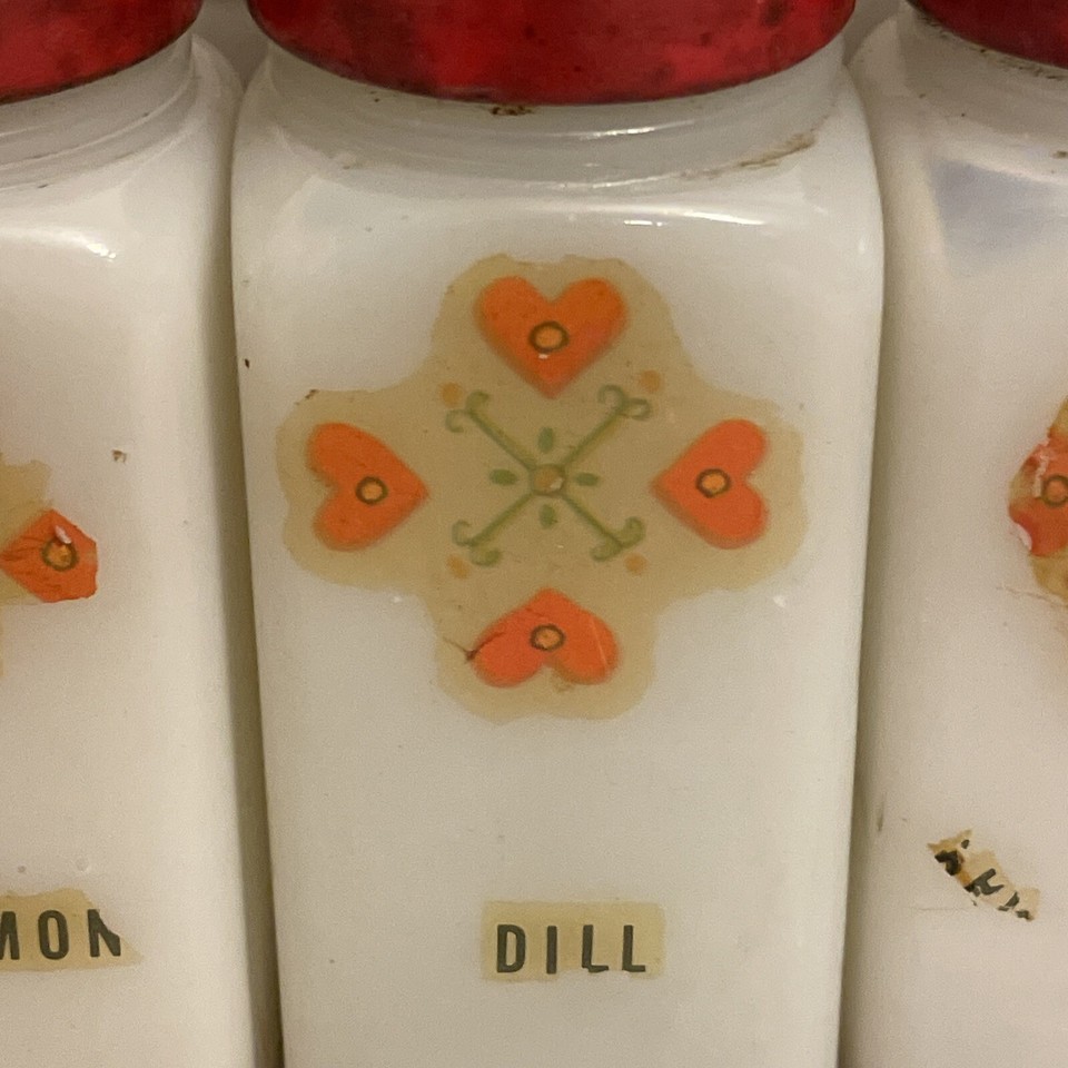 VINTAGE 10 SPICE RACK WHITE MILK GLASS RED CAPS TIN | eBay