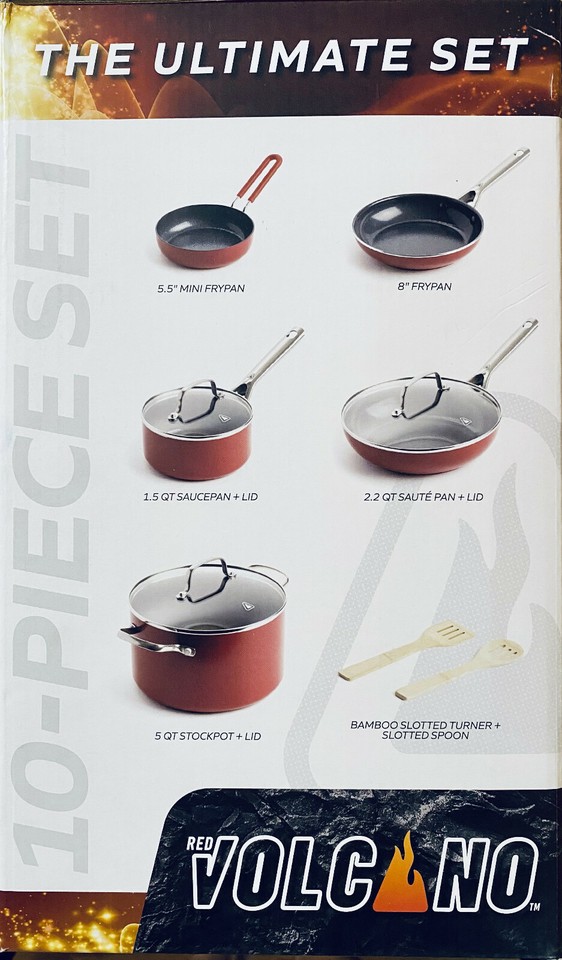 Red Volcano Textured Healthy Ceramic Nonstick Cookware Pots and Pans 10 ...
