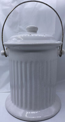 White Countertop Compost Crock Canister Lid metal Handle Heavy Ribbed ...
