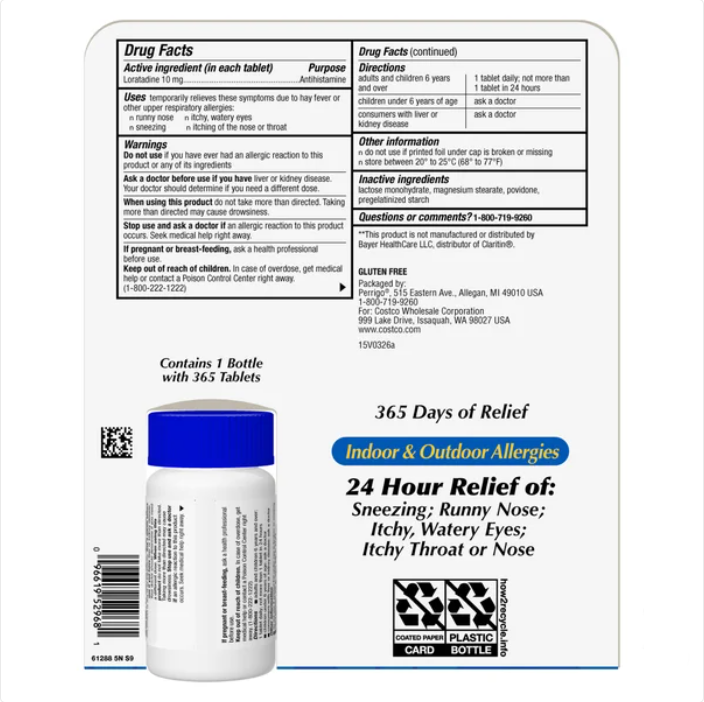 Kirkland Signature Non-Drowsy AllerClear Antihistamine 10 mg., 365 ...