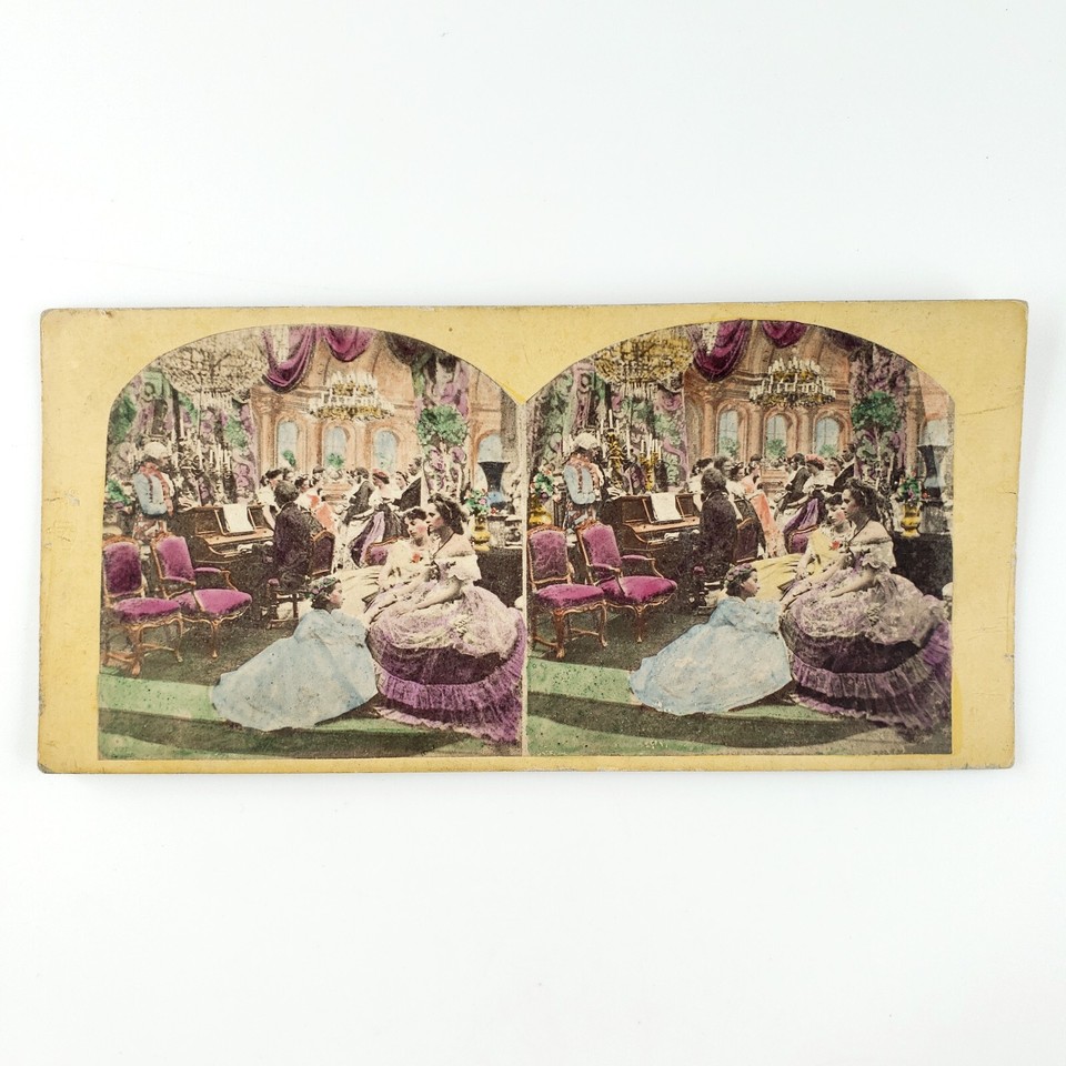 Victorian Parlor Dance Party Stereoview c1855 Tinted Piano Music Ladies ...