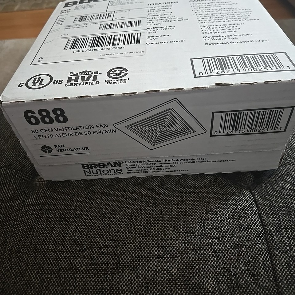 Broan 688 Ventilation Fan 50 CFM 4.0 Sones Bathroom Exhaust OPEN BOX ...