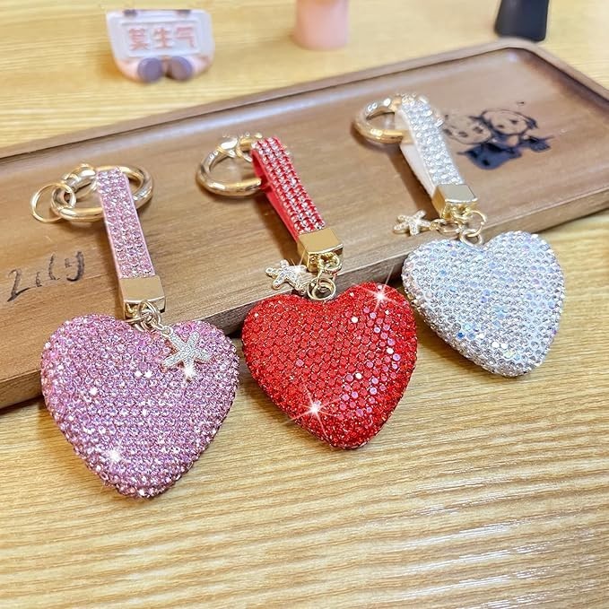 Keychains Rhinestone Heart Shape Glitter Crystal Key Rings Leather Bag ...