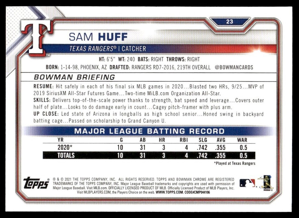 2021 Bowman Sam Huff Rookie Texas Rangers #23 | eBay