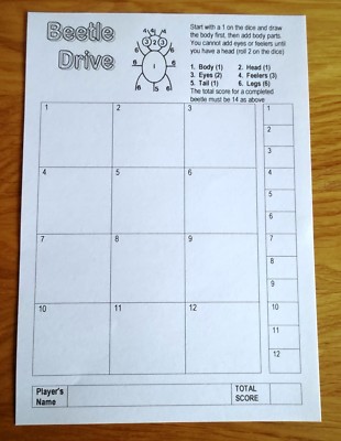 BEETLE DRIVE SCORE SHEETS Family OR FUND RAISING DOUBLE SIDED 25 sheets ...