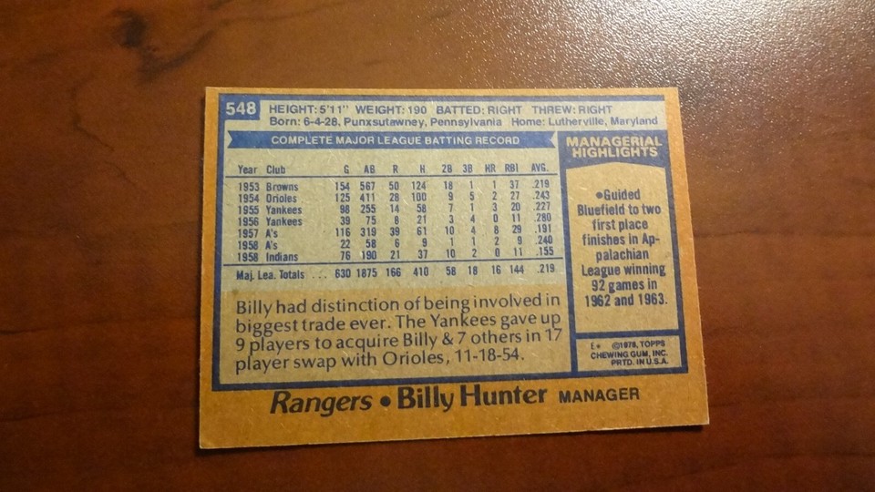 1978 TOPPS # 548 BILLY HUNTER BASEBALL CARD | eBay