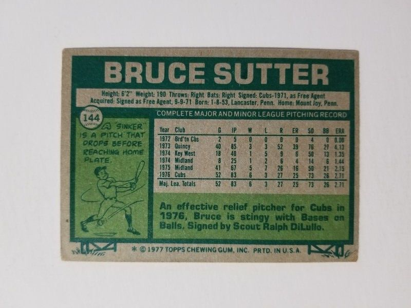 BRUCE SUTTER ROOKIE 1977 TOPPS BASEBALL CARD #144 CHICAGO CUBS | eBay