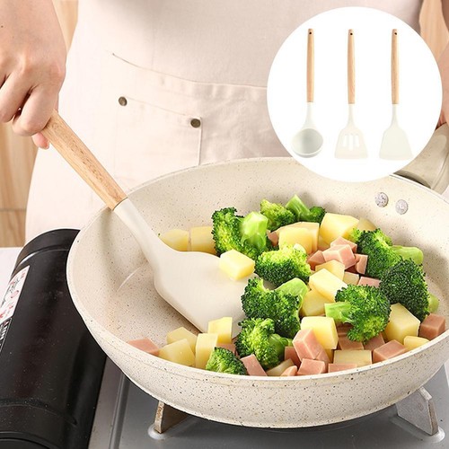3PCS White Silicone Kitchenware Cooking Utensils Set Non-Stickღ Wooden ...