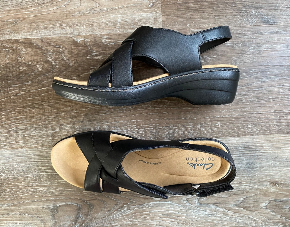 CLARKS Merliah Echo Black Leather Strappy Wedge Sandals Shoes~Ladies ...