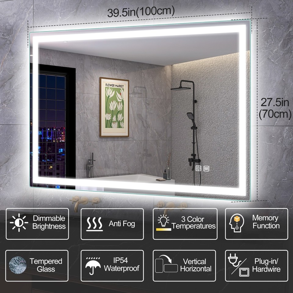 40x28in LED Bathroom Mirror Dimming 3 Color Temperature Wall Mounted ...