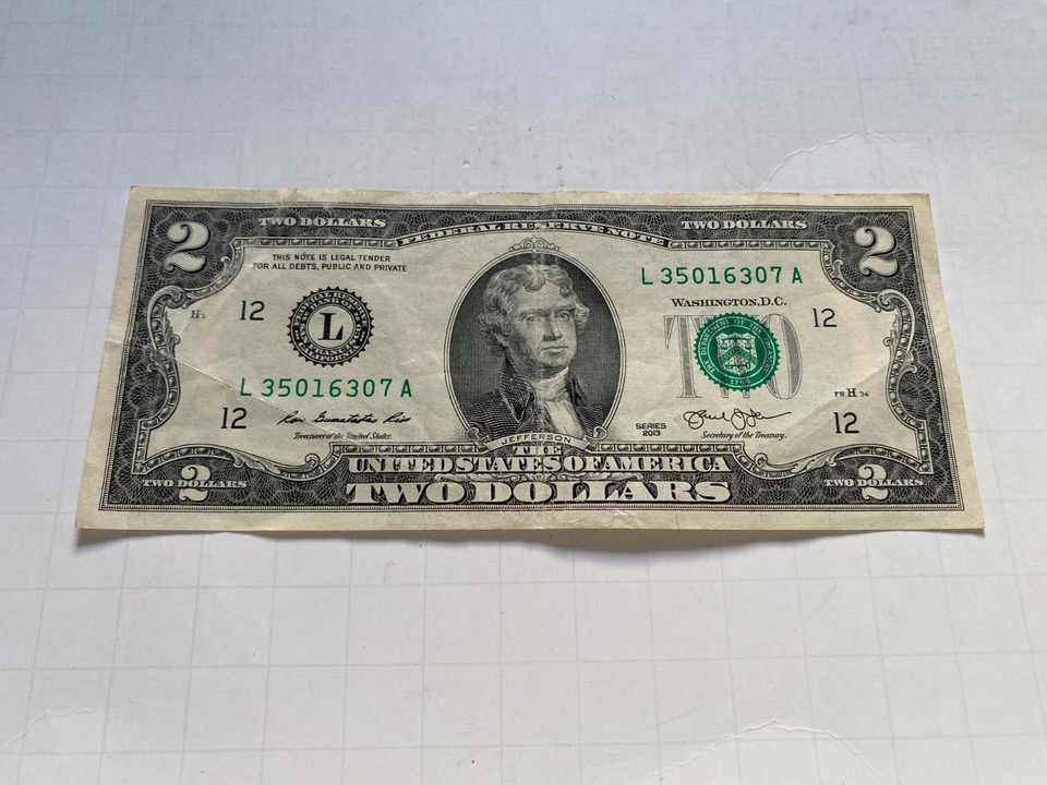 $2 Two Dollar Bill 2013 Series L 35016307 A Real Money US Dollars Paper ...