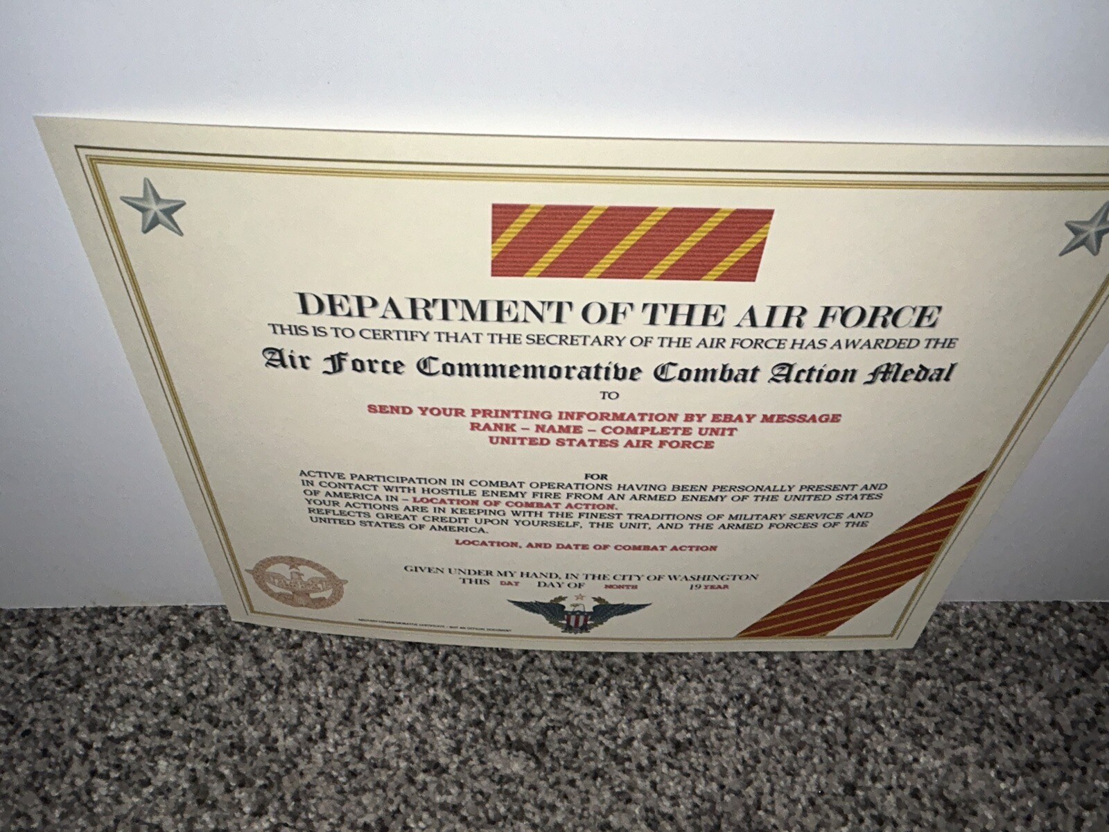 U.S. AIR FORCE COMBAT ACTION COMMEMORATIVE MEDAL CERTIFICATE ~ W ...