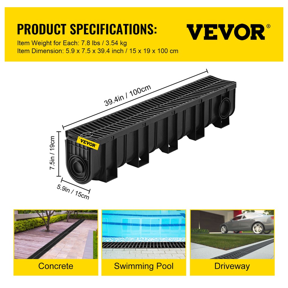 VEVOR Drainage Trench Driveway Channel Drain Kit Plastic Grate-5.8"x7.5 ...