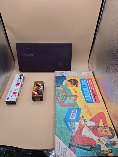 Vintage Game Lot. 1967 Battleship, Dominoes, 1948 Scrabble, Marbles ...