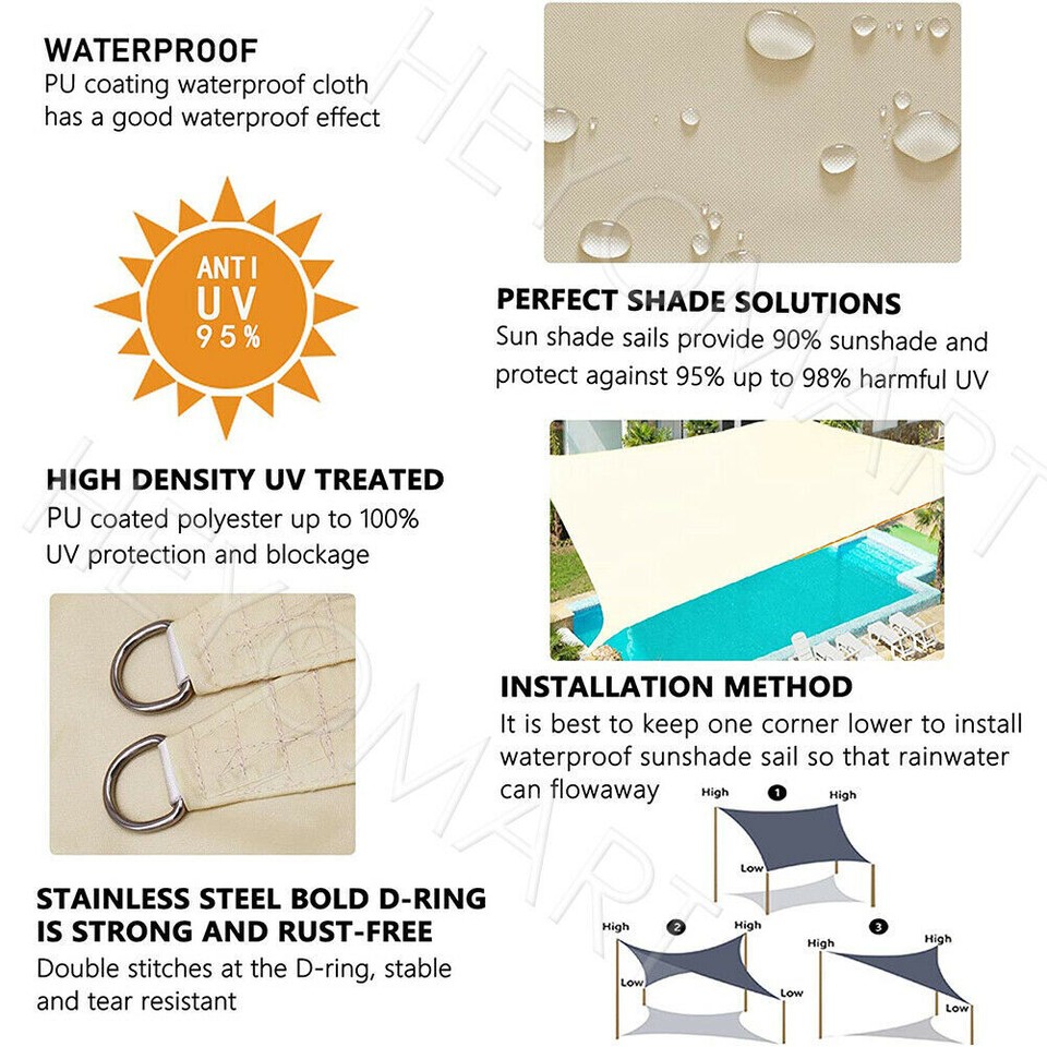 Sun Shade Sail Garden Patio Awning Canopy Waterproof UV Triangle Cover ...