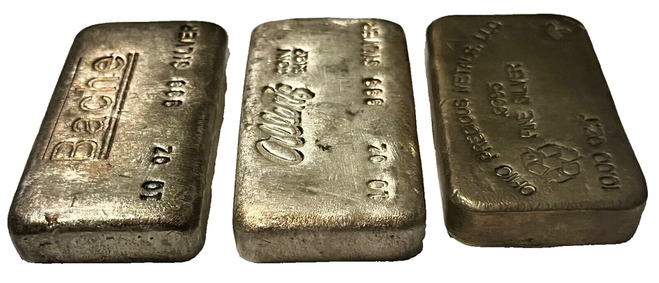 3 10 oz Vintage Silver Bar Lot Bache Allens Coin Shop Ohio Precious ...