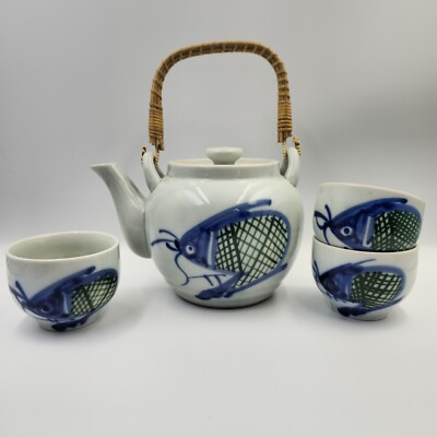 Vintage Teapot Set Blue Green White Koi Carp Fish Tea Sake 3 Cups ...