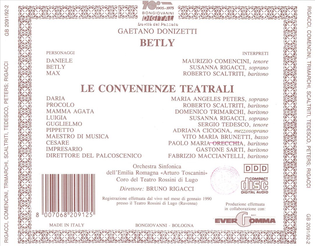 BRUNO RIGACCI GAETANO DONIZETTI: BETLY; LE CONVENIENZE TEATRALI NEW CD ...