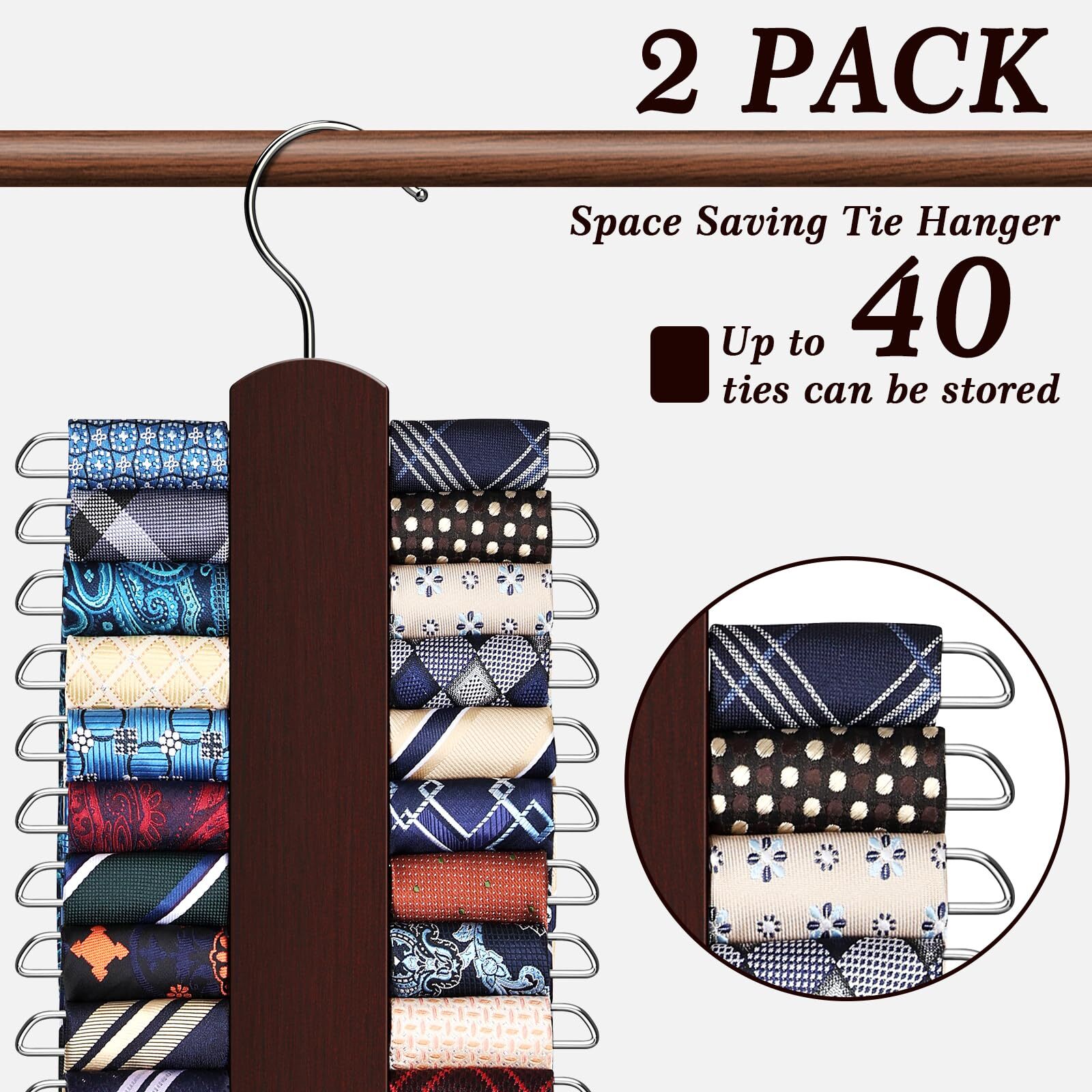 2 Pack Tie Rack for Closet Premium Wooden Necktie Organizer Storage ...