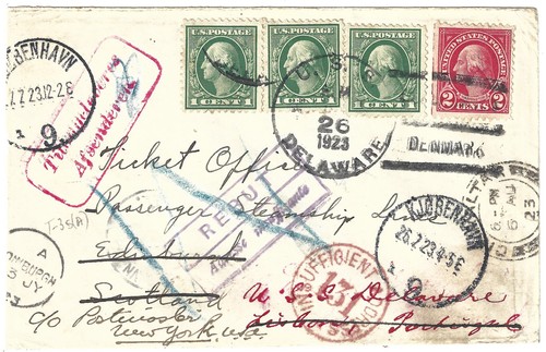 1923, USS Delaware with Denmark in bars pmk, 3x1c + 2c to cover, mult ...
