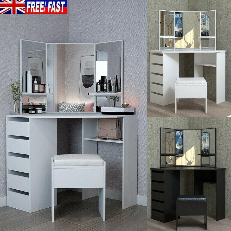 Corner Dressing Table Multi-angle Mirror With Stool Desk 5 Drawers ...