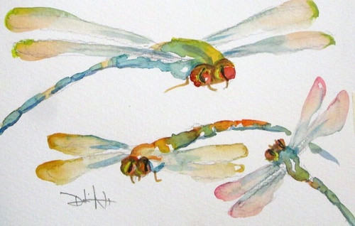 Delilah flying dragonfly insect impressionism watercolor collectible ...