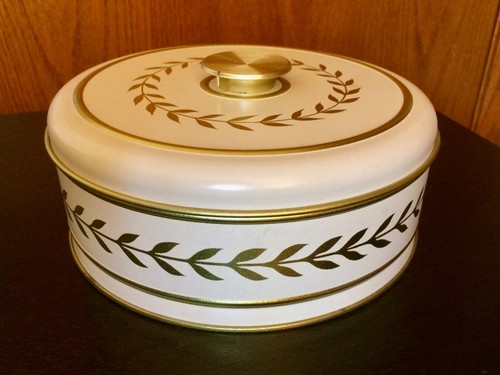 Vintage Guildcraft Round 7.5" Metal Tin Container White w/ Gold Leaves ...