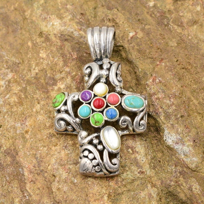 Sterling Silver 925 Turquoise Pearl Coral Sugilite Gaspeite Gem Cross ...