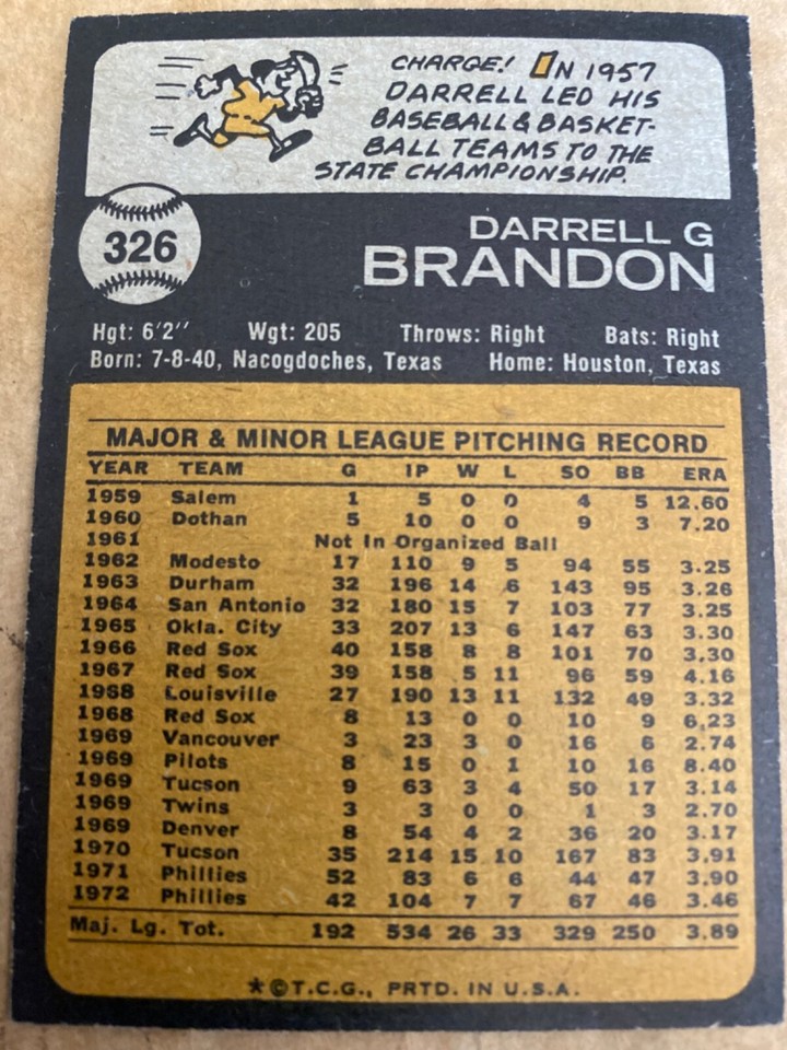 1973 Topps Baseball #326 Darrell Brandon NM/MT | eBay